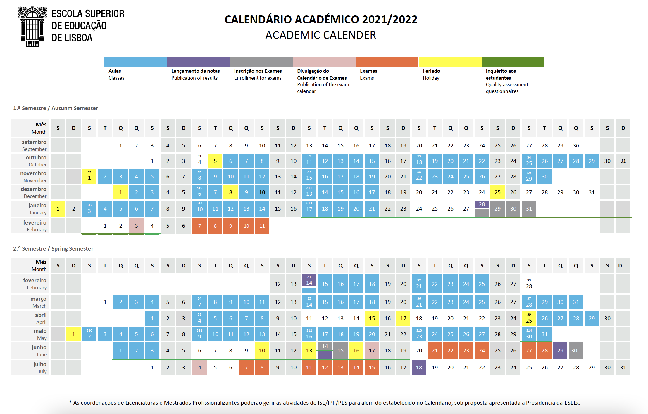 Calendário Escolar | Escola Superior de Educação de Lisboa