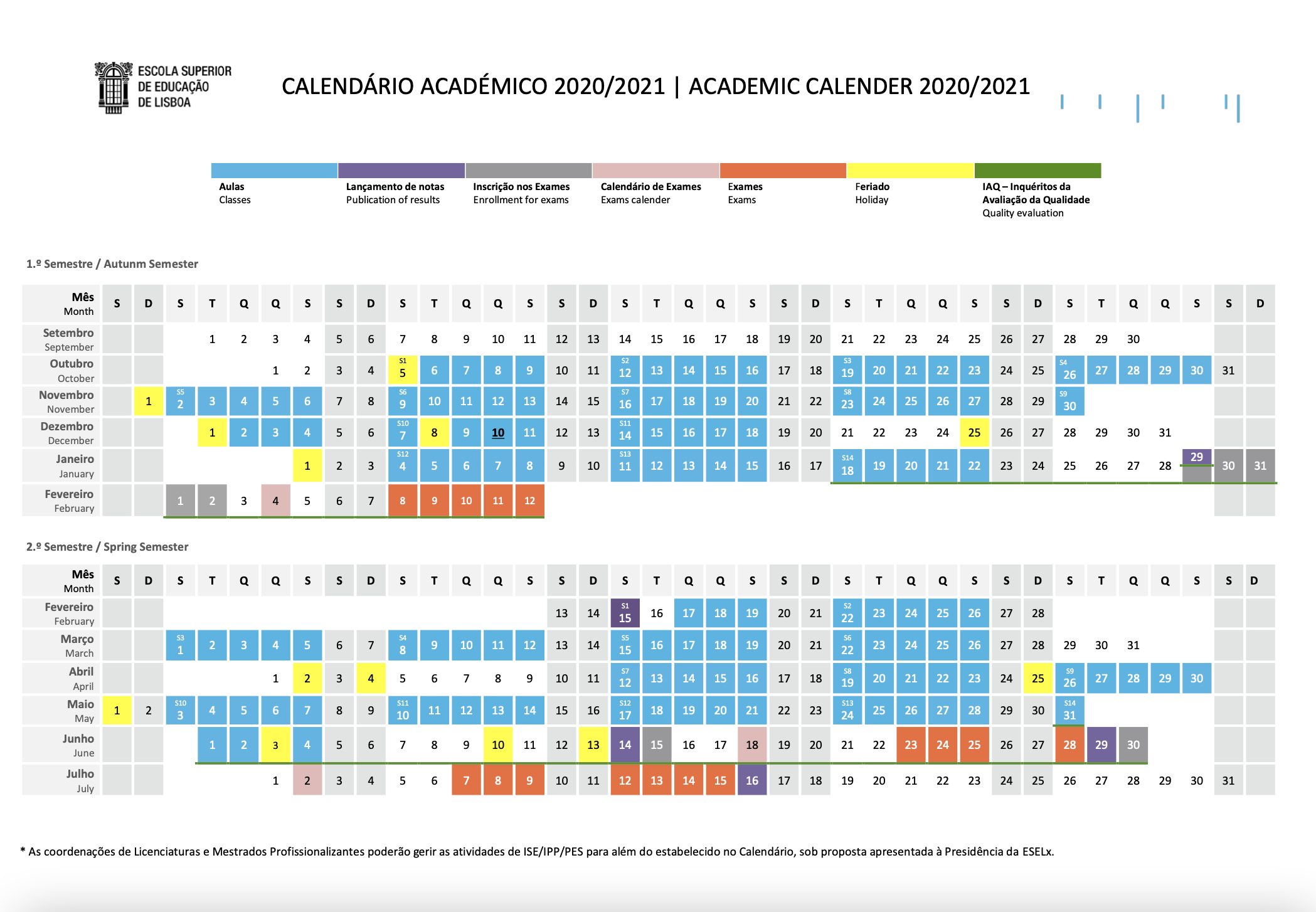 Calendário Escolar | Escola Superior de Educação de Lisboa